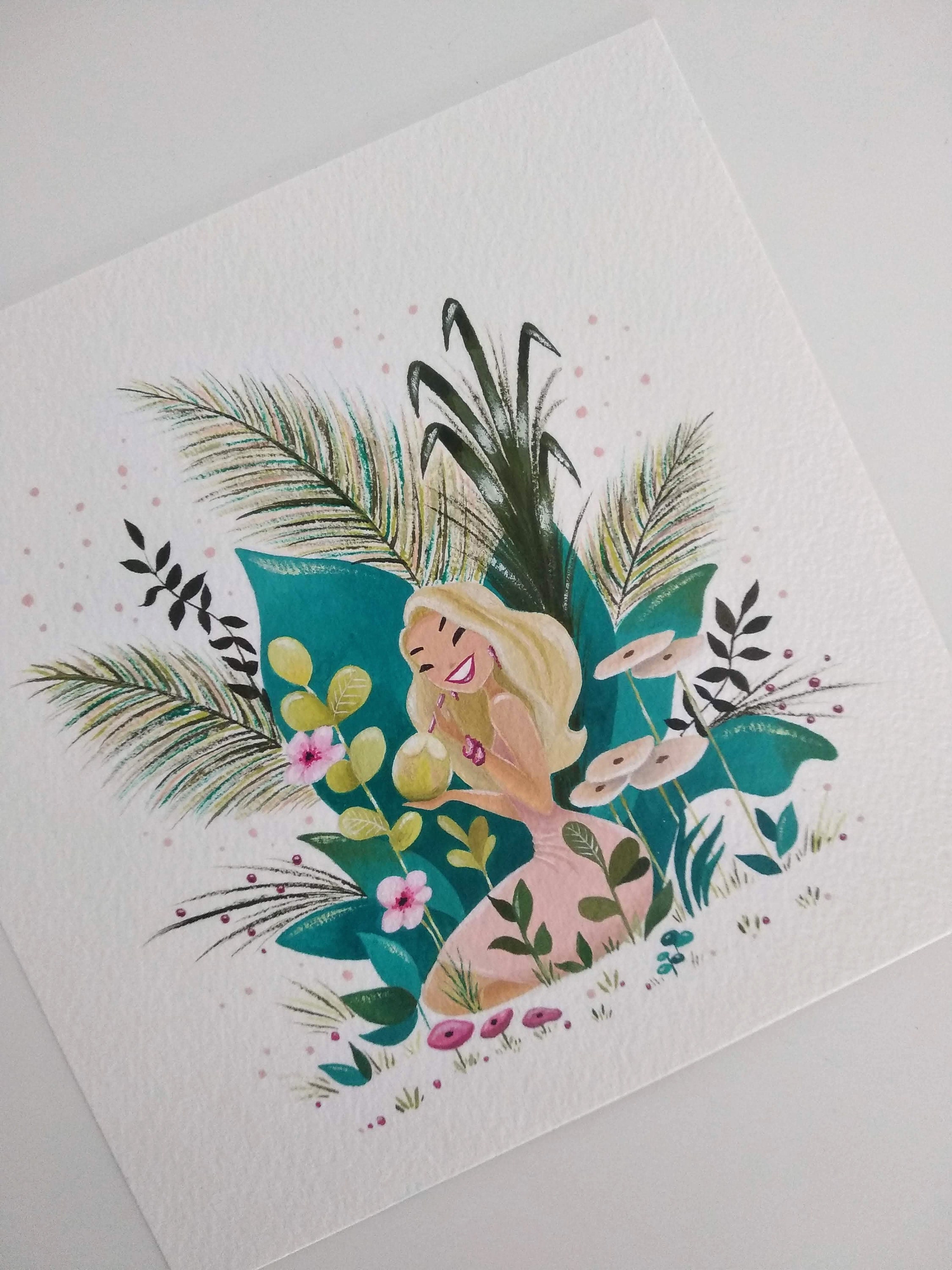 Tiki Girl Art Print From Original Gouache Painting Green and | Etsy
