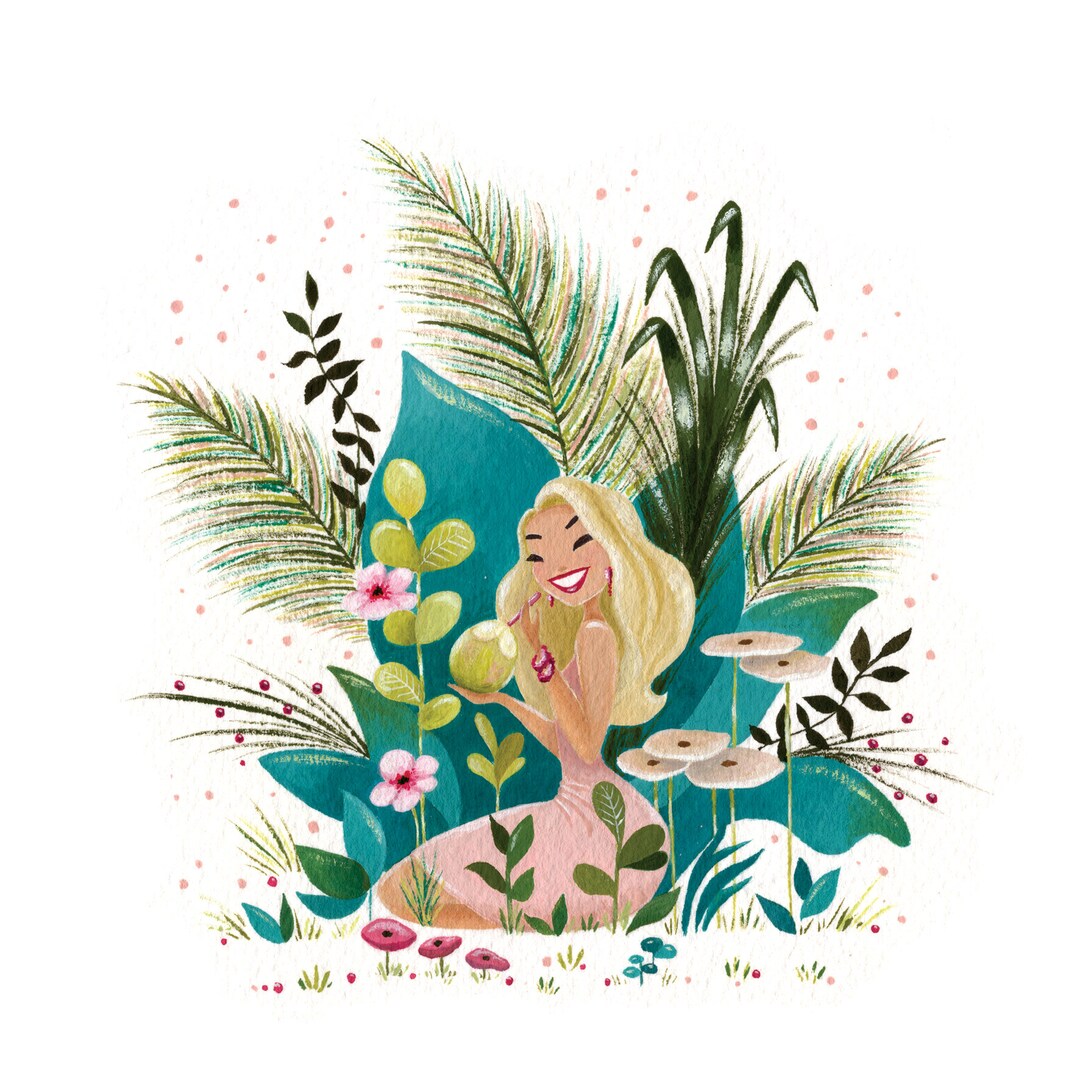 Tiki Girl, Art Print From Original Gouache Painting, Green and Pink ...