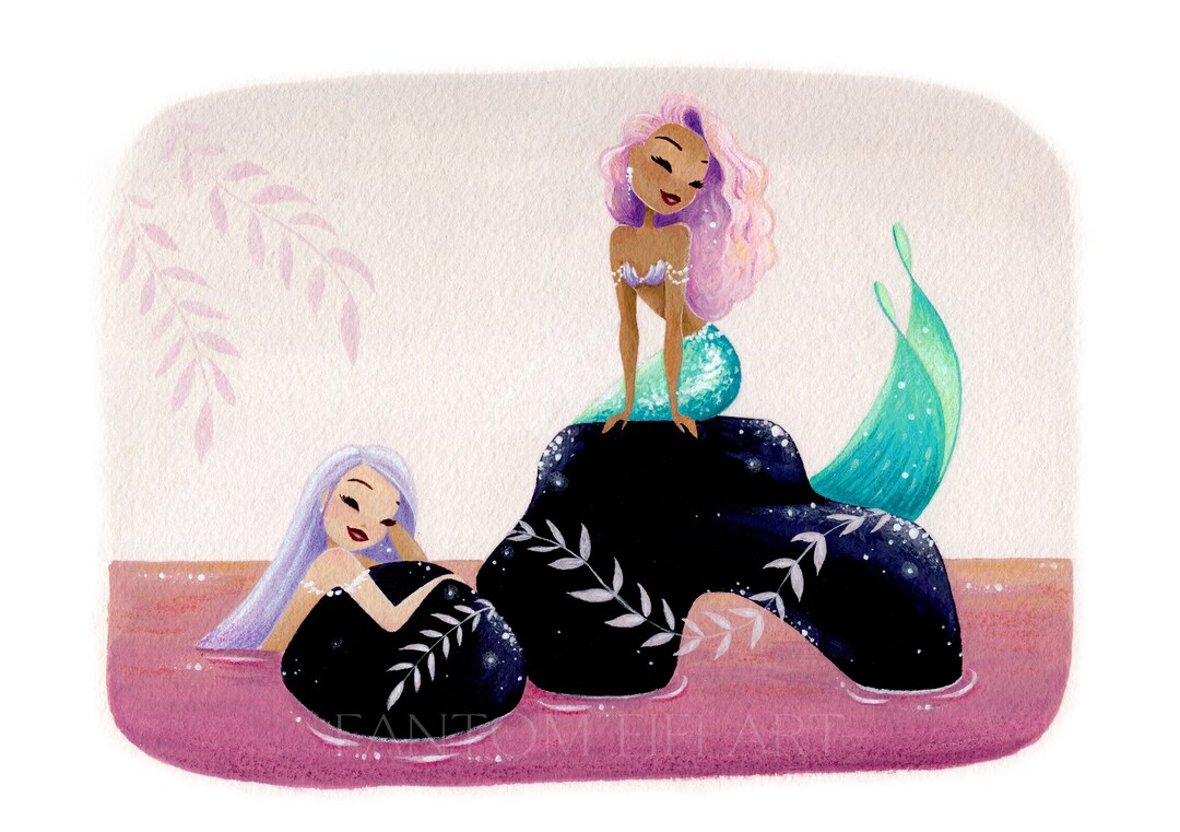 Cute Mermaids, Fine Art Print From Original Gouache Painting, Tropical ...