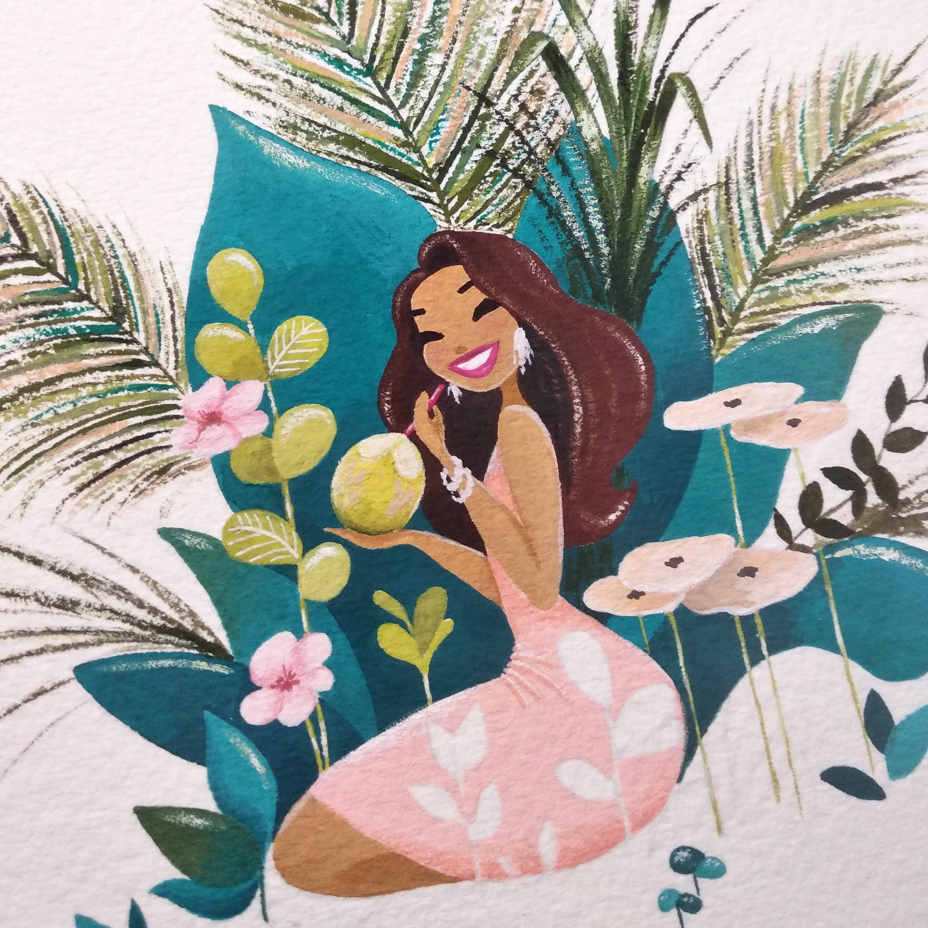 Tiki Girl Original Gouache Painting Green and Pink - Etsy