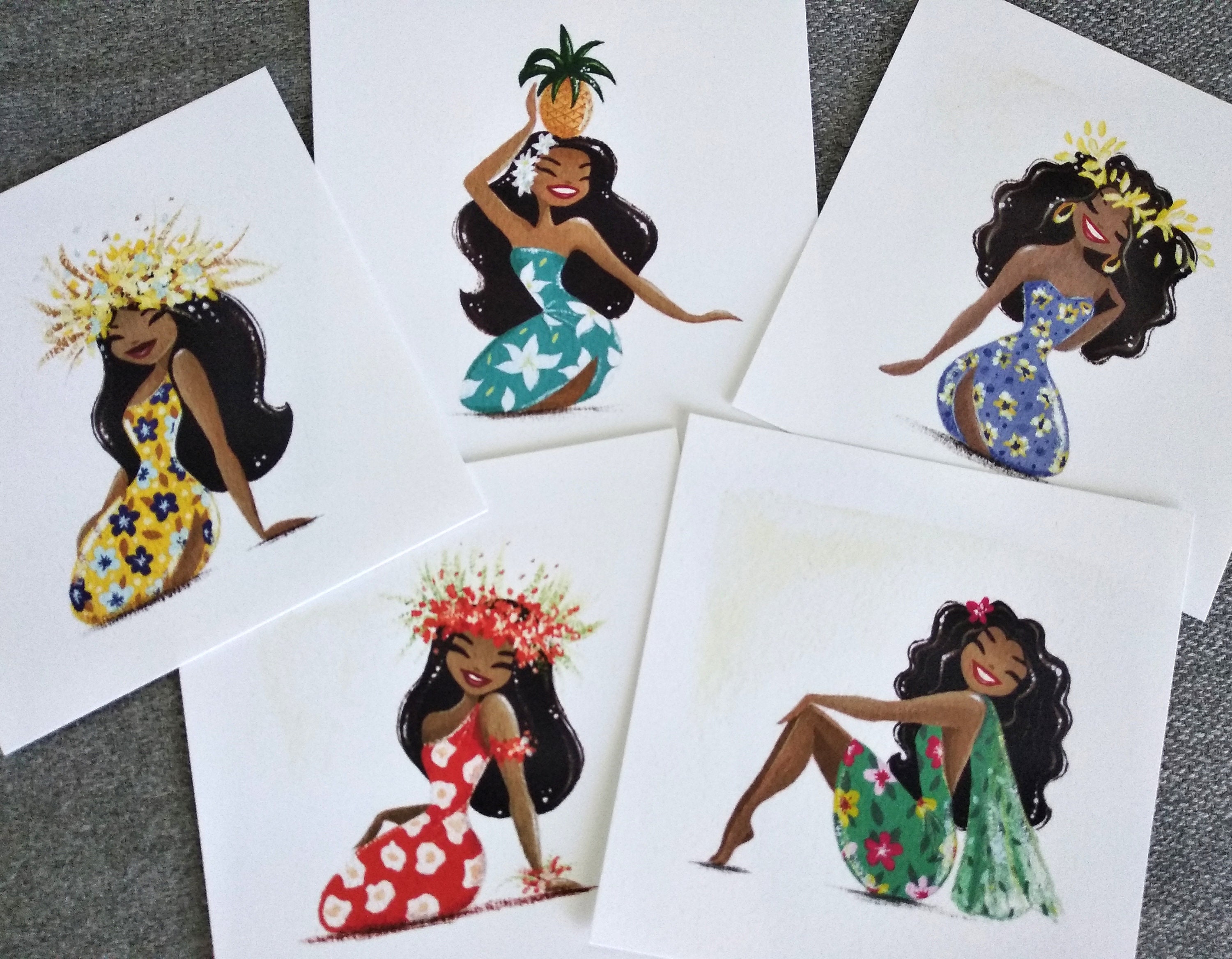 Original Mini Paintings Tiki Girls, Fine Art, Gouache, Hula Girl ...