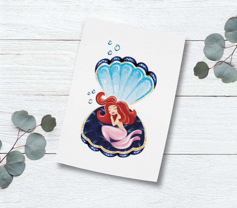 Mermaid in a Shell Mini Fine Art Print, Cute and Girly Mermie, Gouache ...