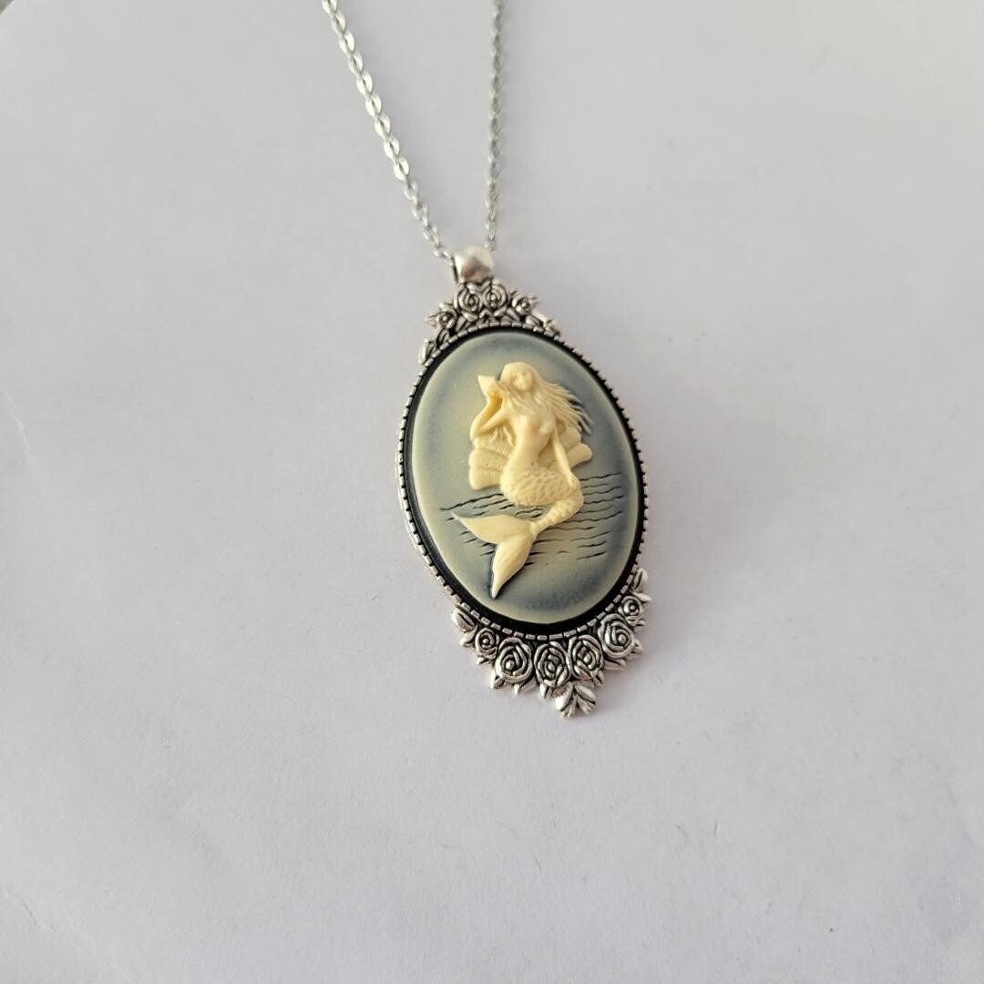 Victorian Style Ivory Color on Deep Blue Cameo Mermaid With Conch Shell ...