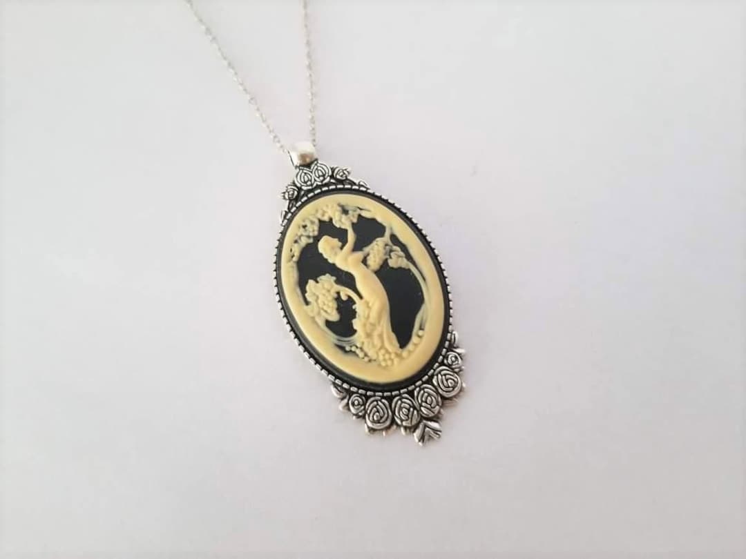 Victorian Ivory Resin on Black Demeter Goddess Cameo Floral Necklace ...