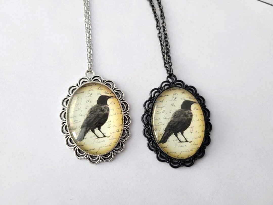 Black or Silver Oval Raven Glass Cabochon Pendant Necklace You Choose ...
