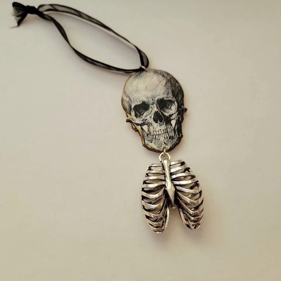 Woodcut Skull and Rib Cage Charm Ornament - Etsy