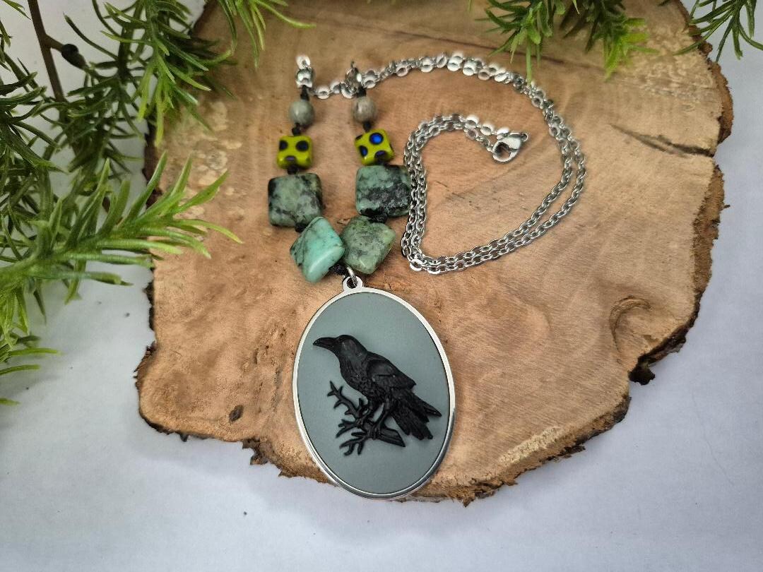 Faux Stone Turquoise and Raven Cameo Necklace You Choose Length - Etsy