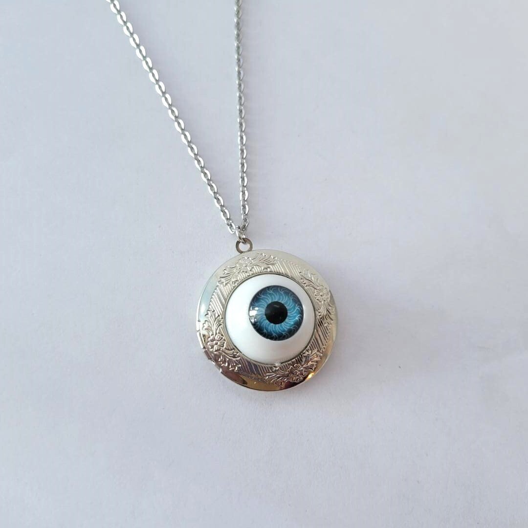1 1/4" Round Silver Brass Blue Eye Locket You Choose Length - Etsy