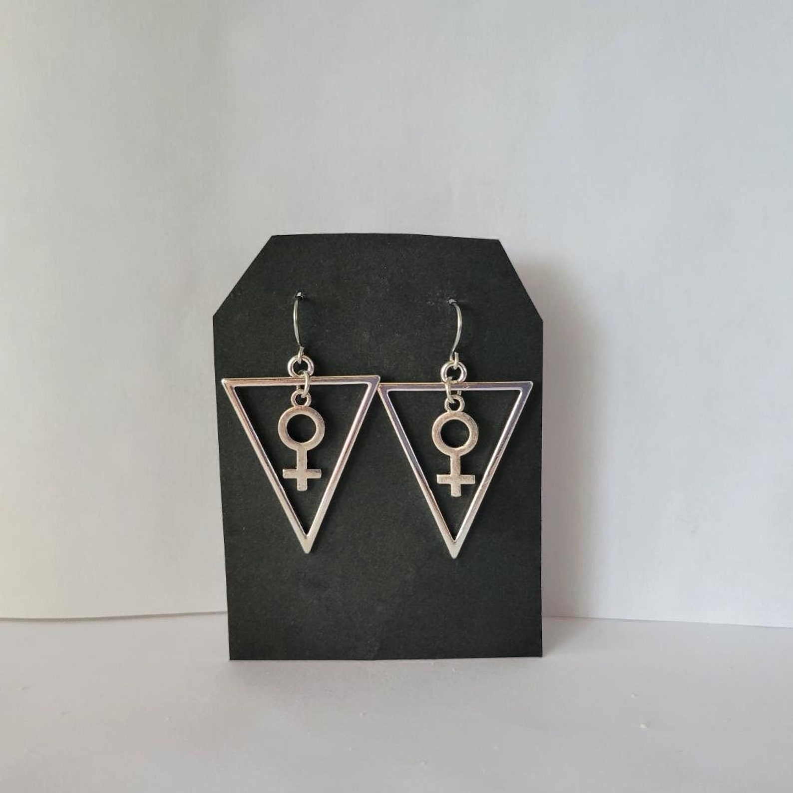 Hypoallergenic Upside Down Triangle and Female Symbol Dangle Earrings ...