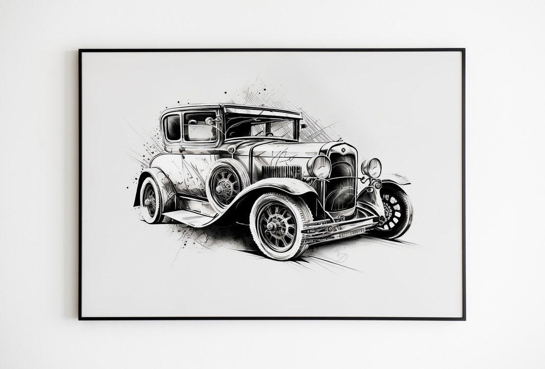 Charcoal Retro CAR Sketch Print on Canvas. Pencil Automobile Drawing ...