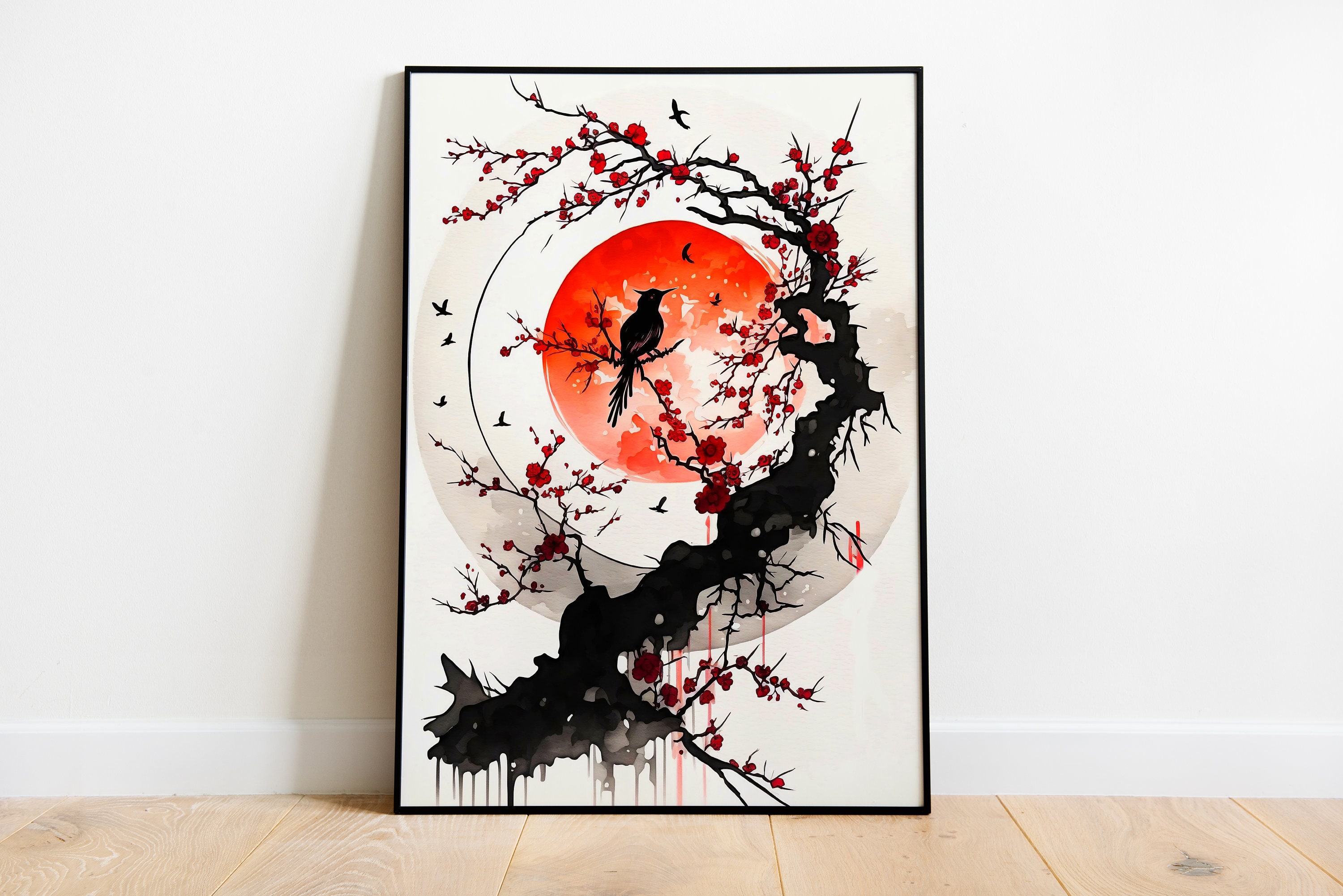 Original SAKURA Tree & Sunset Japanese Ink Art Print on Canvas ...