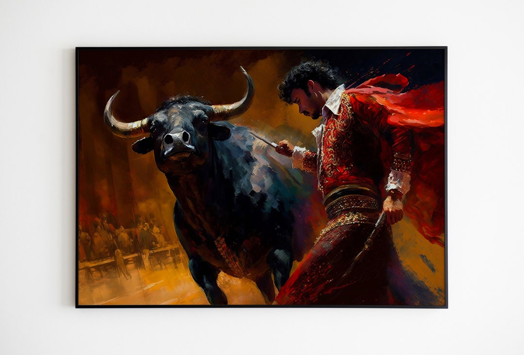 Spanish Toreador Bullfight, Dramatic Impressionist Digital Painting Print on Canvas. Wall Decor ...