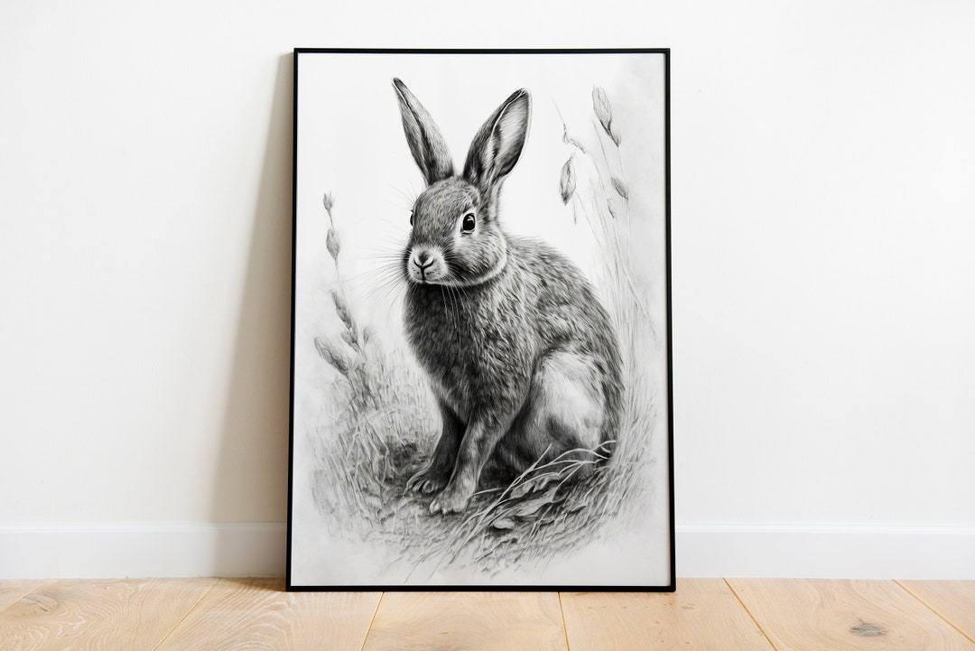 Charcoal RABBIT Sketch. Pencil Wild Hare Bunny Drawing Wall - Etsy