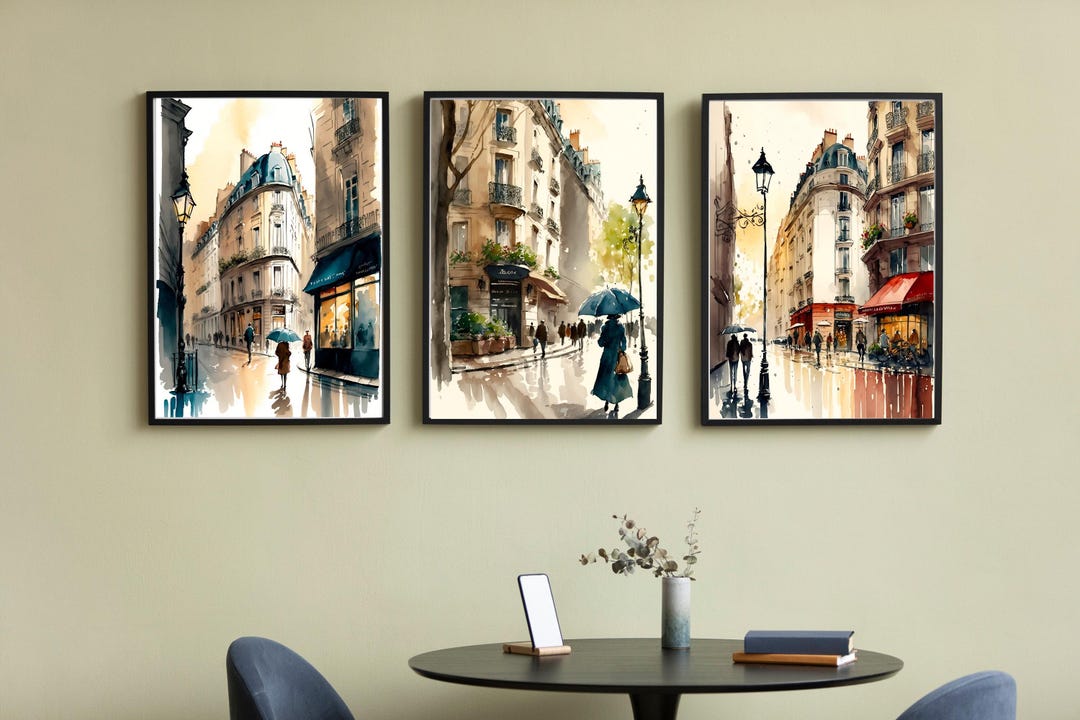 Paris Street Art Watercolor Canvas Print: Rainy Day France Scene - Etsy