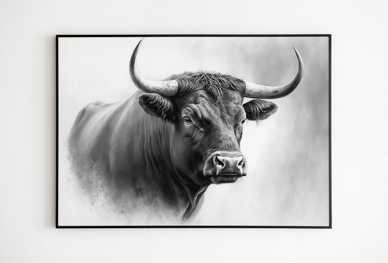 Charcoal Bull Print Black White Farm Animal Canvas Wall Art - Etsy UK