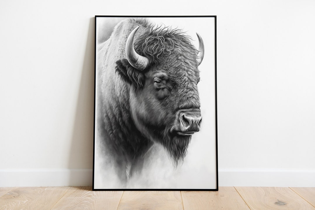 Charcoal BISON Sketch Print on Canvas. Pencil Wild Animal Drawing ...