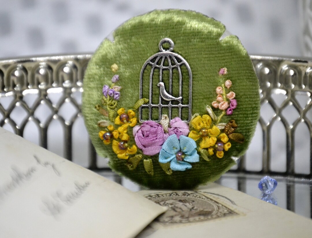 Rococo Floral Embroidery Brooch, Coquette Style Accessory, Bird in a ...