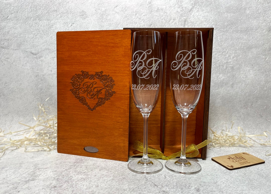 Glasses With Engraving initials in a Wooden Box With Engraving mahogany ...