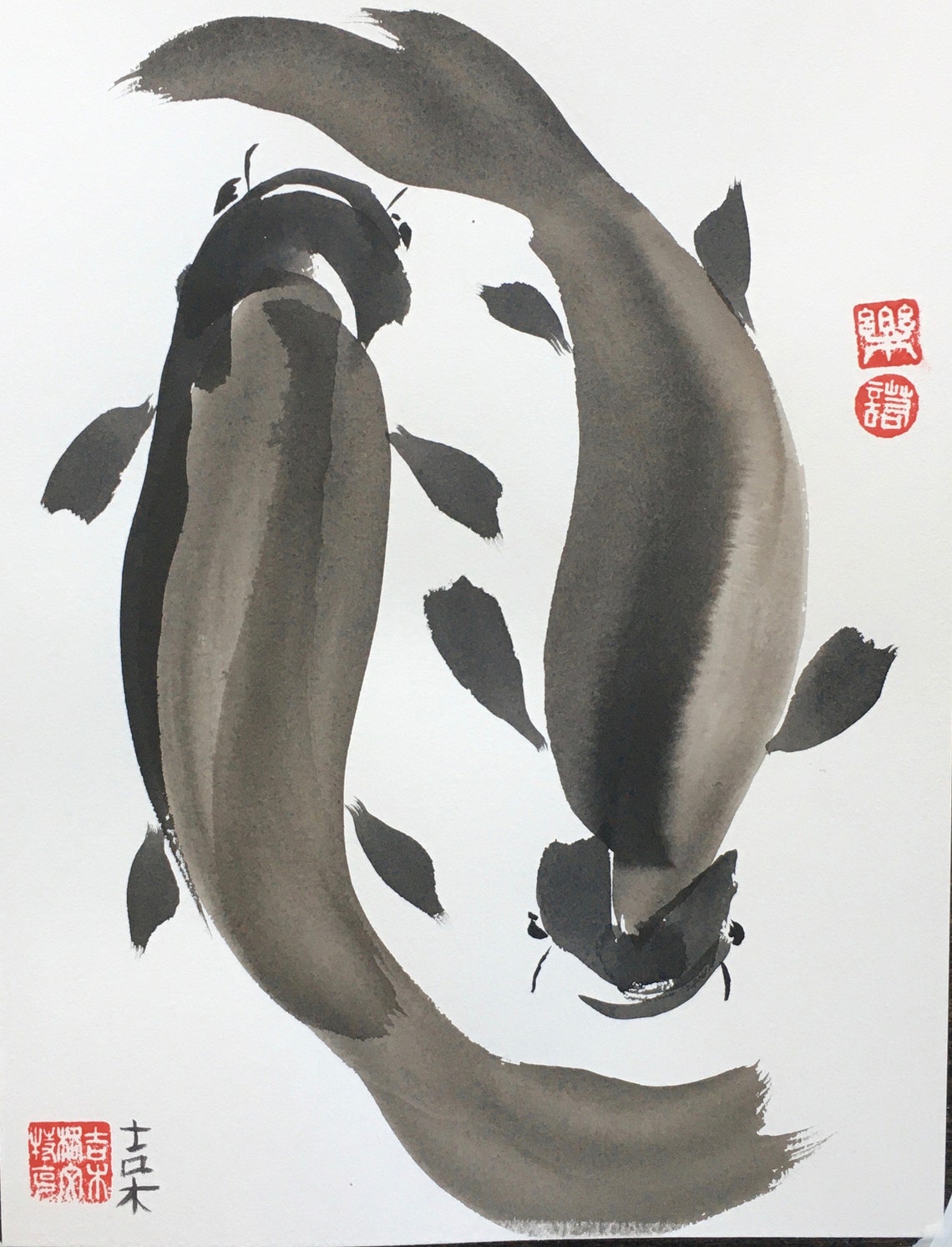 Sumi-e Painting of Koi Fish. Chinese Brush Painting of Two Koi | Etsy