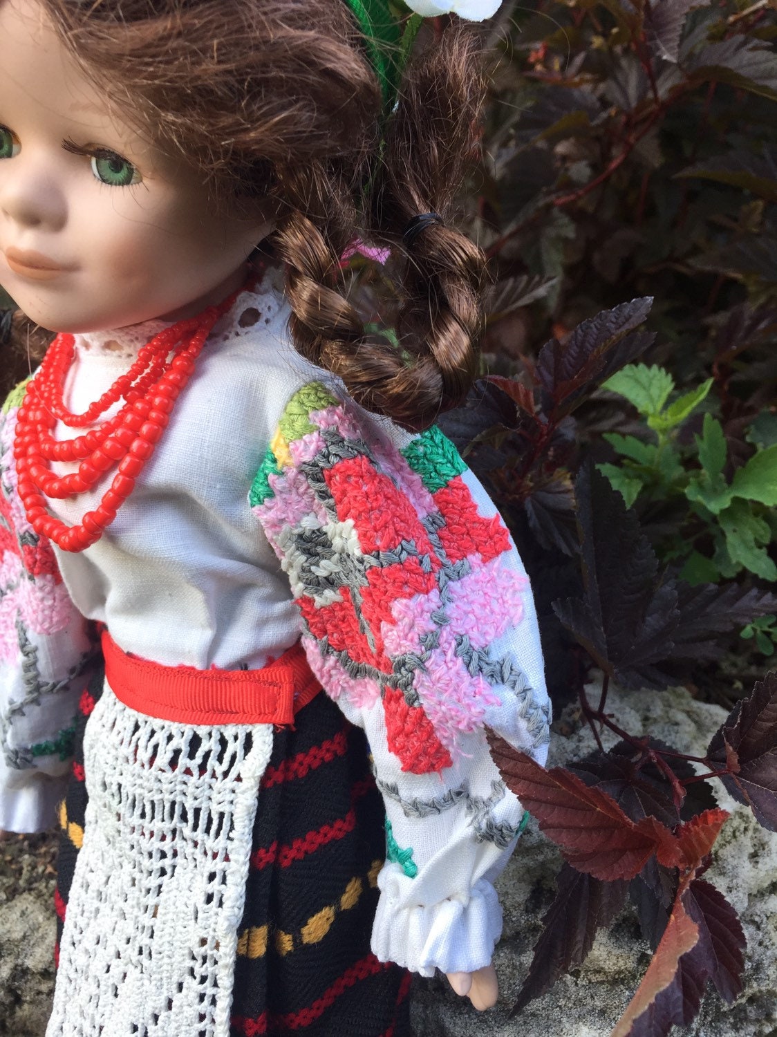 Ukrainian Doll Brunette With Flower Headband Porcelain Face 14 Inches 42 Cm Embroidering