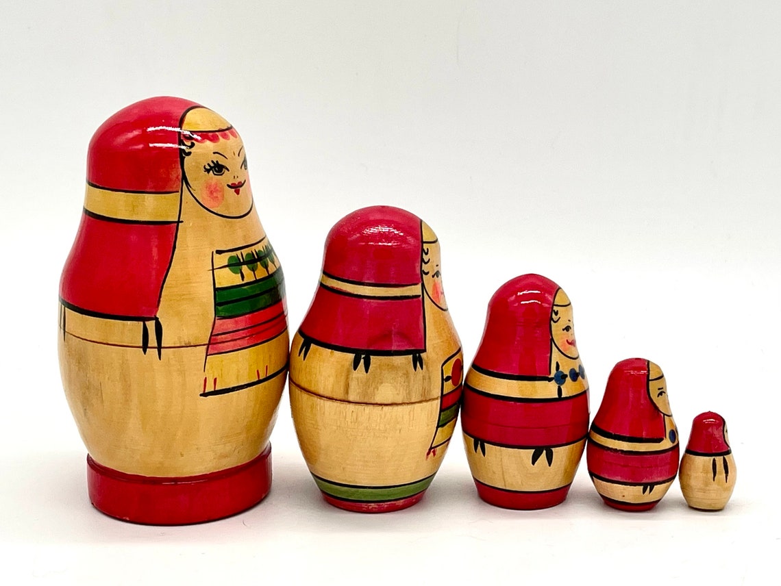 Soviet Vintage Primitive Nesting Dolls Classic Yellow W/red 5 Pcs ...