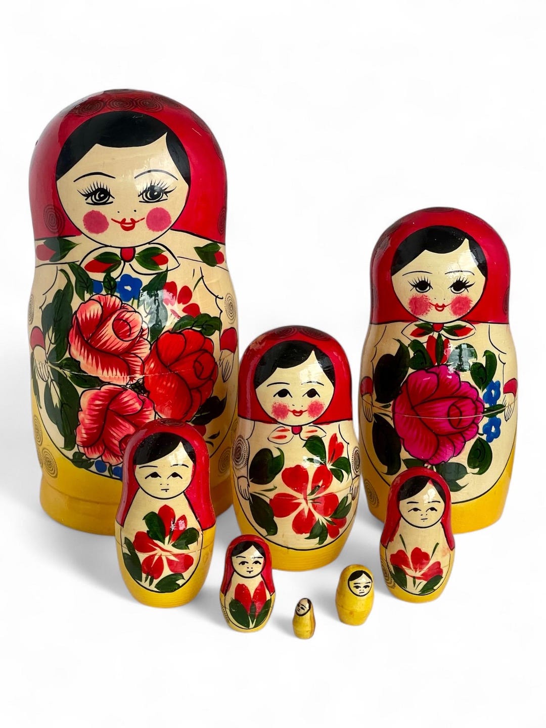 Large Russian Vintage Nesting Doll Classic Yellow W/red 8 Pcs, 21.5 Cm ...