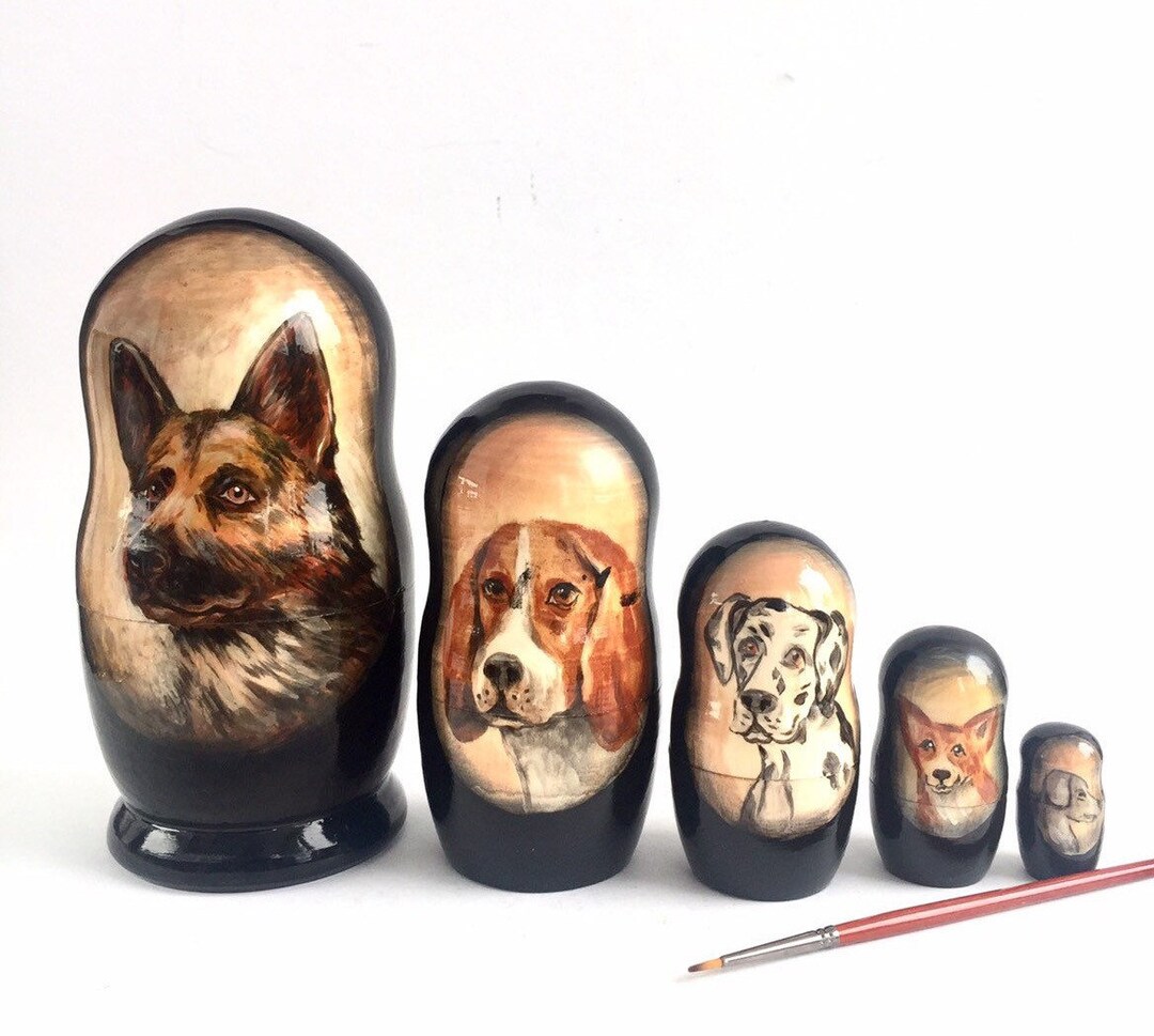 Dogs Nesting Dolls 16 Cm 6,5hand Painted 5 Pcs, German Shepherd Wooden ...
