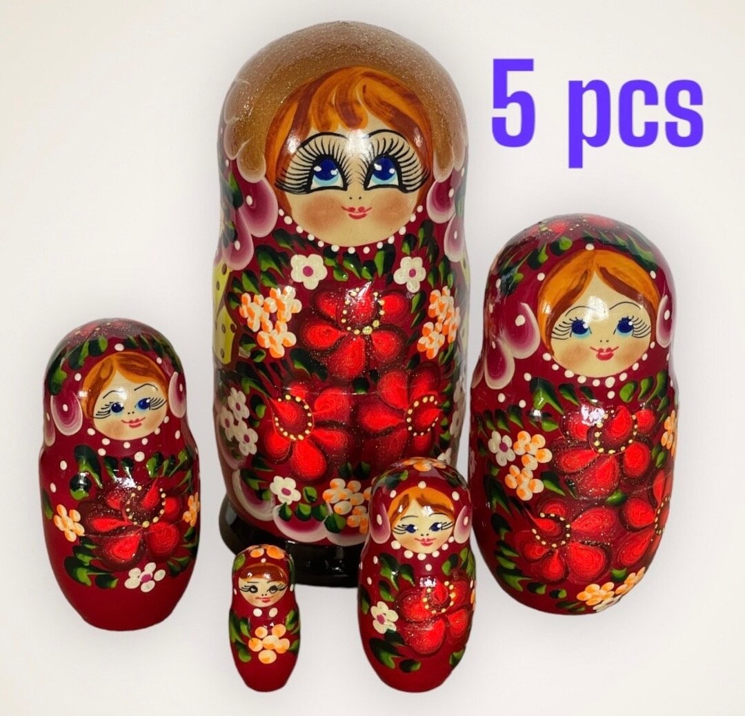 Russian Matryoshka Wooden Nesting Dolls Toys 18.5 7.5 Red/ Black ...