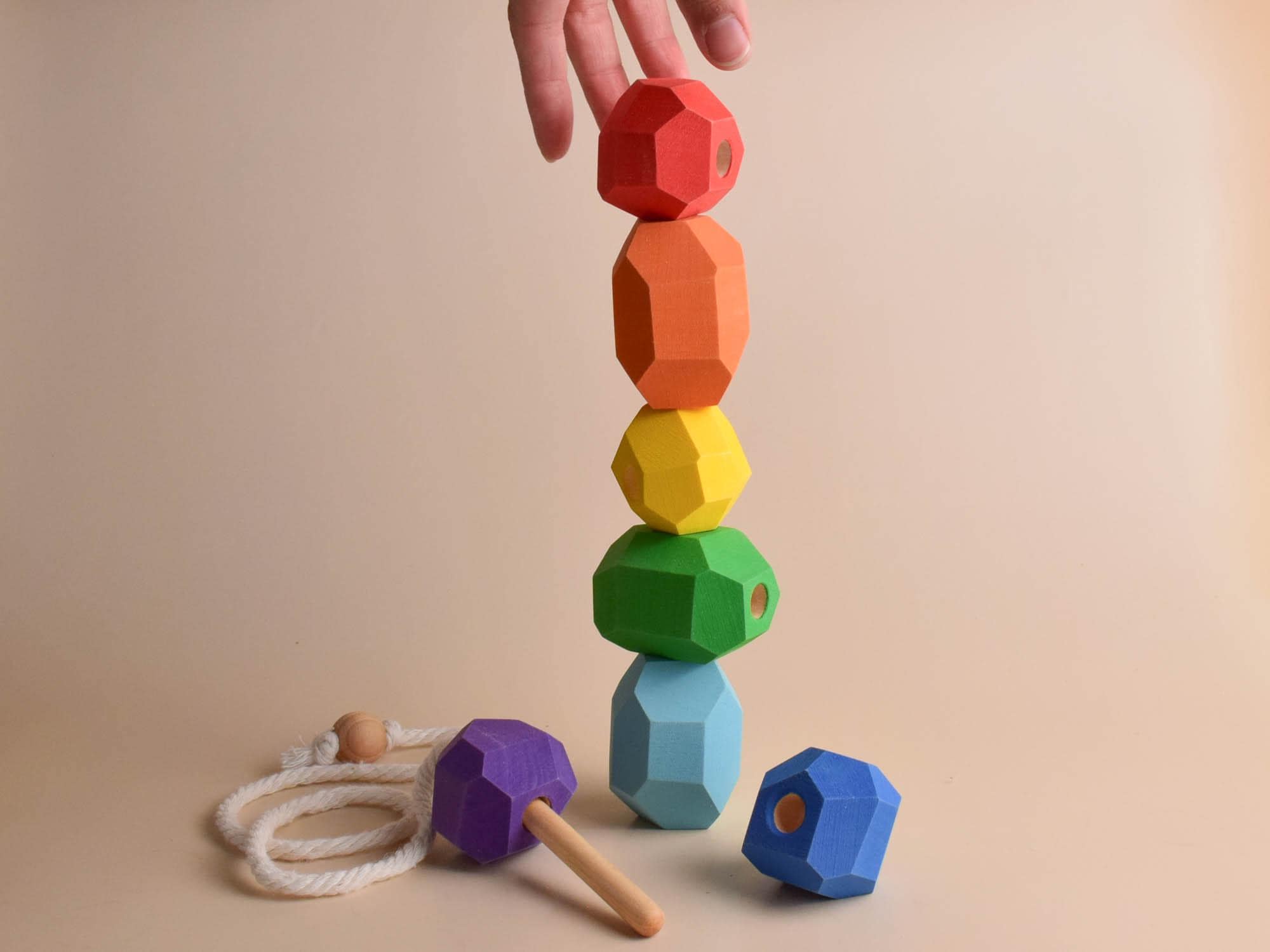 Wooden Lacing Toy Balance Blocks Game Montessori Rainbow Stacking ...