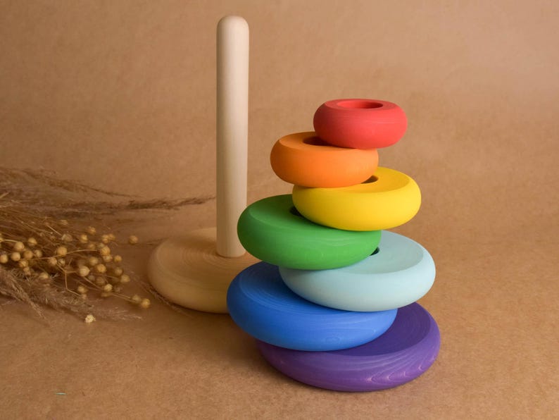 Wooden Ring Stacker Toy Rainbow Montessori Materials Learning ...