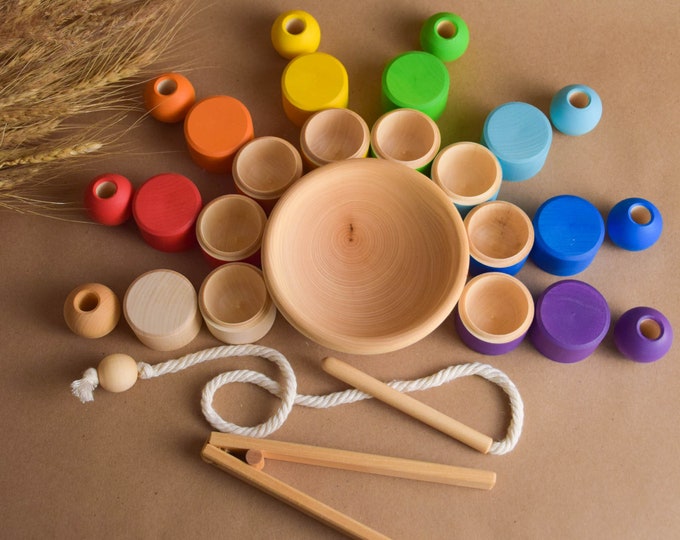 Color Sorting Wooden Rainbow Toy Cylinders and Balls, Rainbow ...