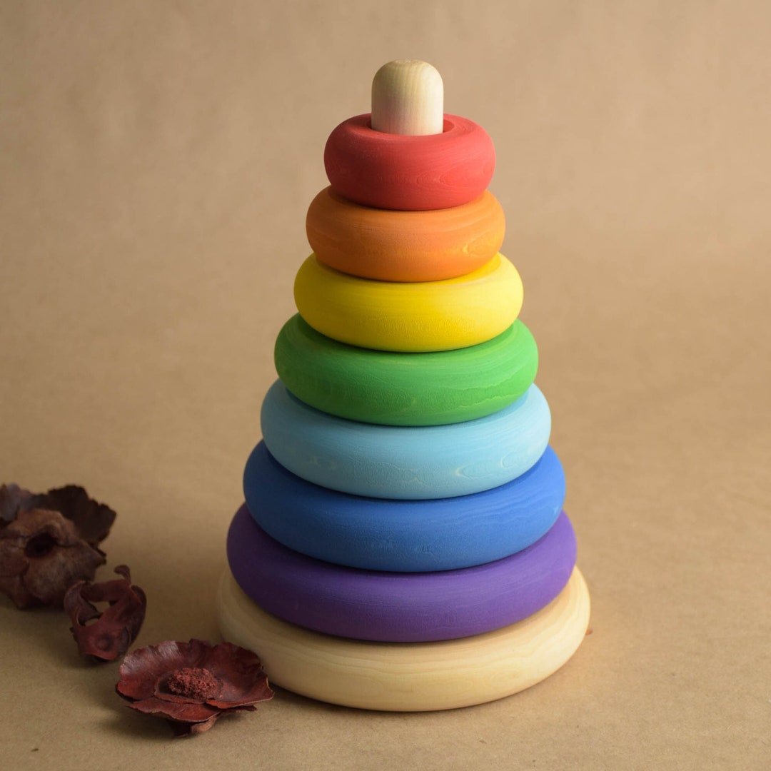 Wooden Ring Stacker Toy Rainbow, Montessori Rainbow Stacker, Montessori ...