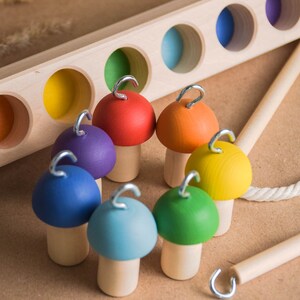 Color Sorting, Wooden Rainbow Toy Mushrooms on a Fishing Rod, Rainbow ...