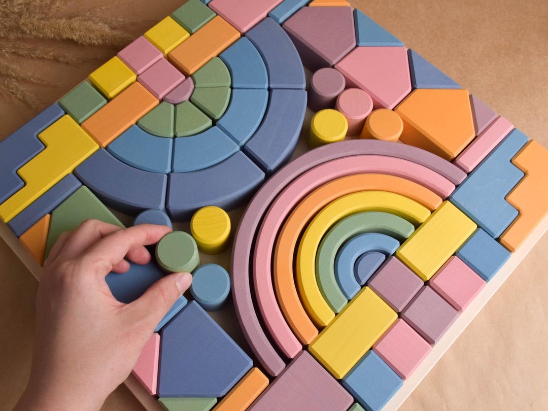 Pastel Wooden Building Baby Blocks Bricks Rainbow Stacking Toy Set 70 ...
