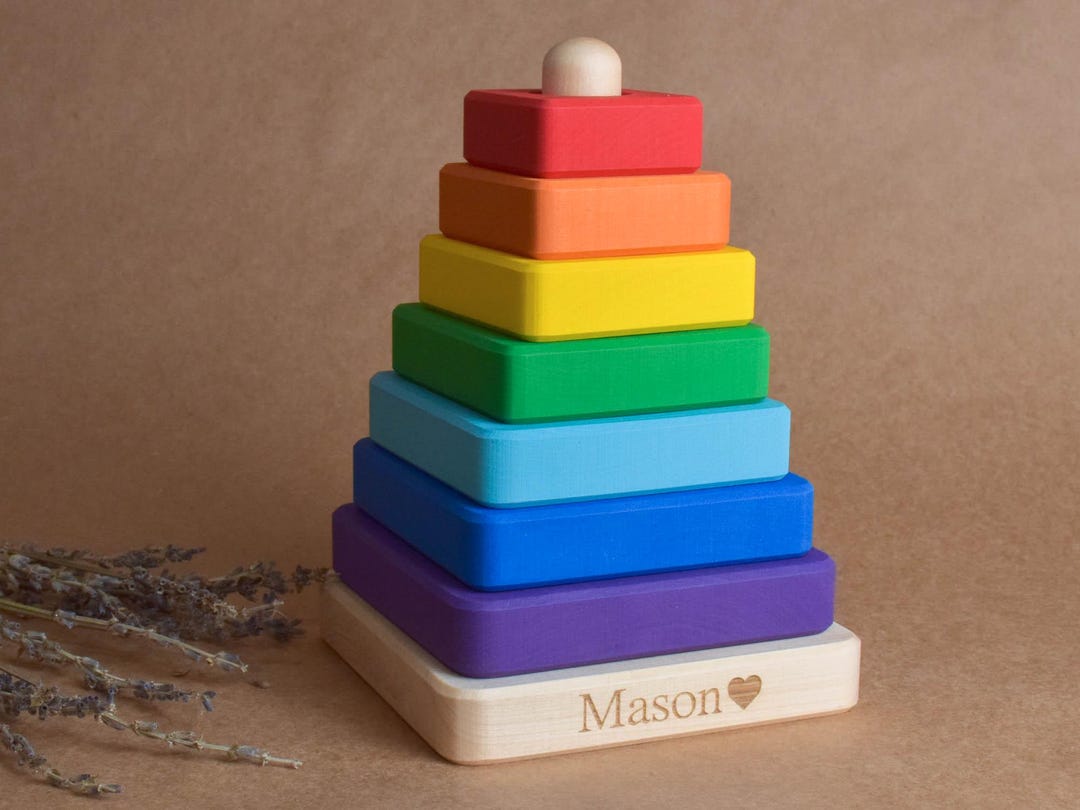 Personalized Wooden Stacking Rings Rainbow Montessori Customized Toy ...