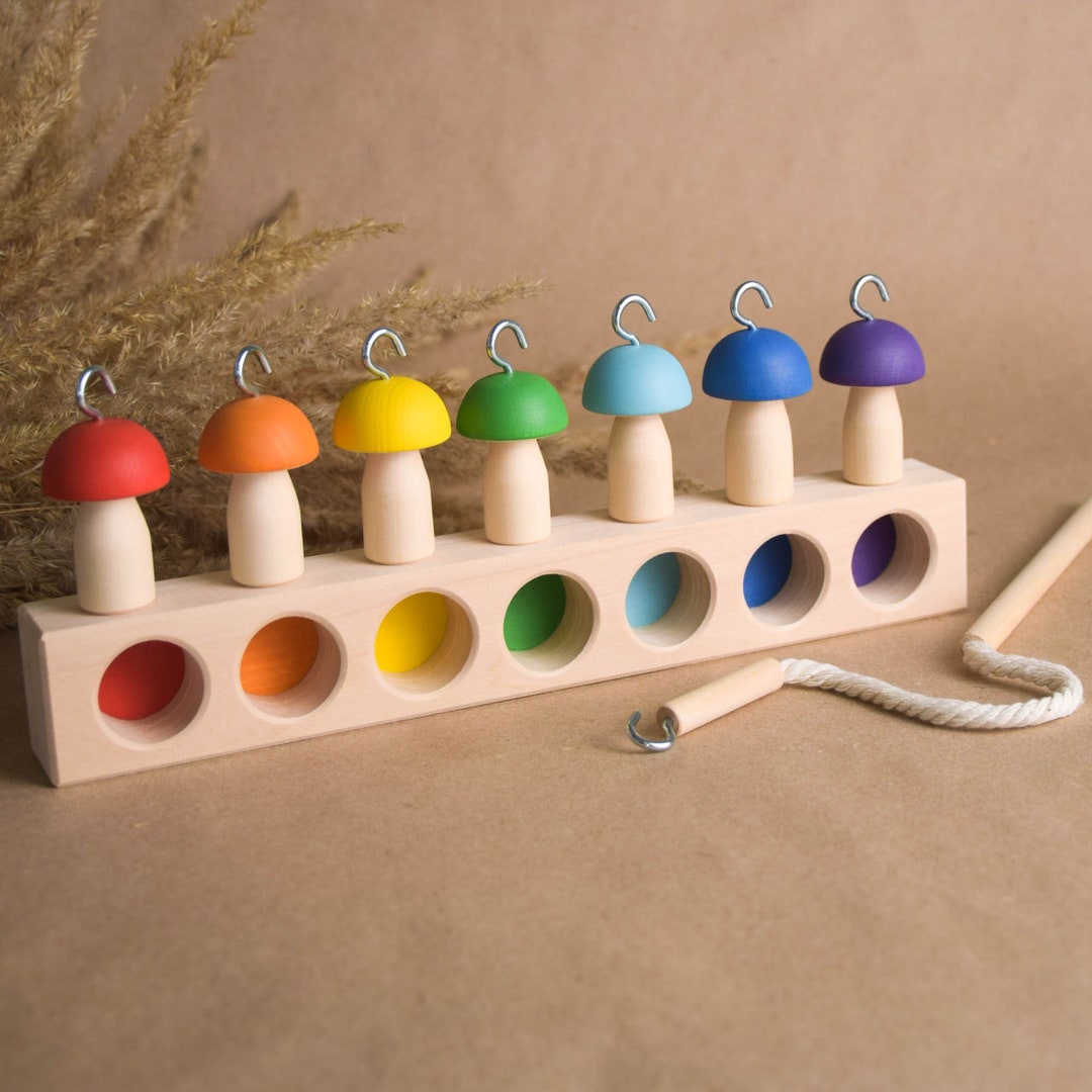 Color Sorting, Wooden Rainbow Toy Mushrooms on a Fishing Rod, Rainbow ...
