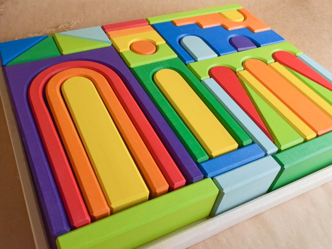 Building Set City Wooden Rainbow Blocks Bricks Rainbow Stacking Toy ...
