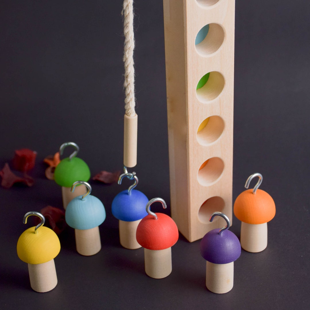 Color Sorting Wooden Rainbow Toy Mushrooms on a Fishing Rod - Etsy