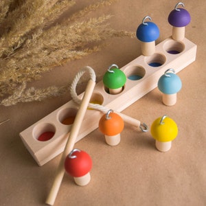 Color Sorting, Wooden Rainbow Toy Mushrooms on a Fishing Rod, Rainbow ...
