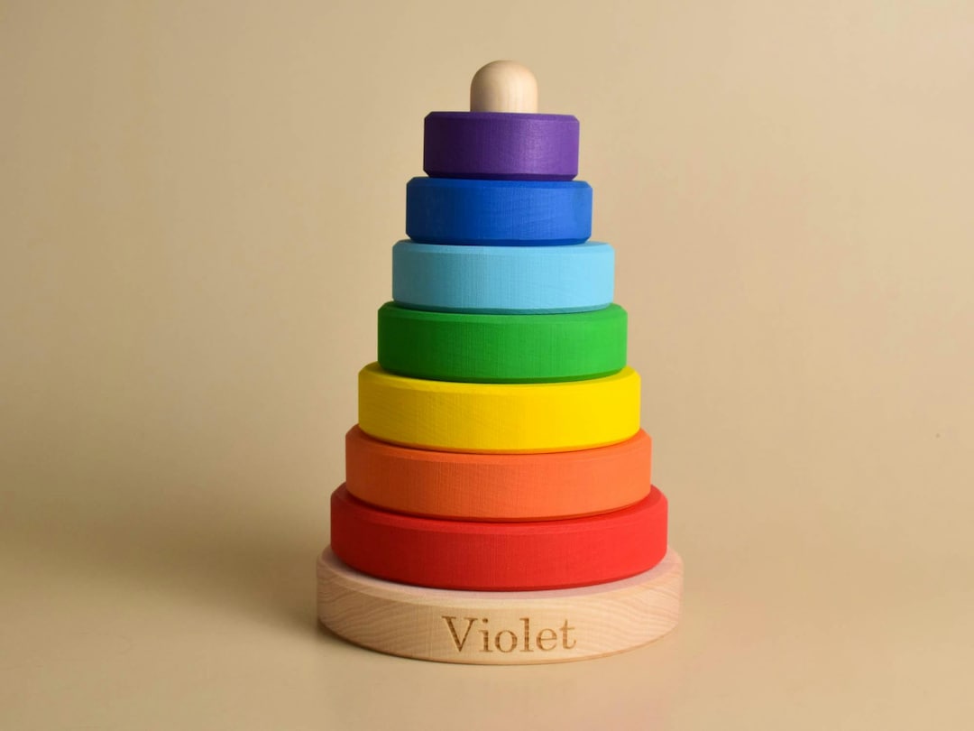 Personalised Wooden Rings Stacker Toy Rainbow Montessori Materials ...