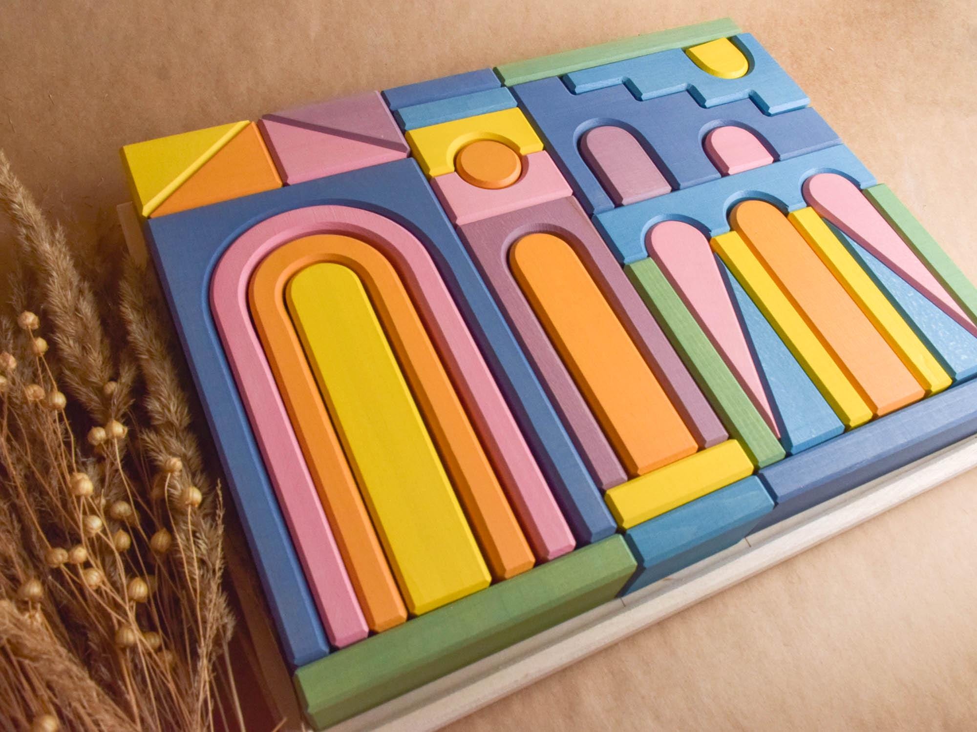 Pastel Wooden Building Set Baby Blocks Bricks Rainbow Stacking Toy ...