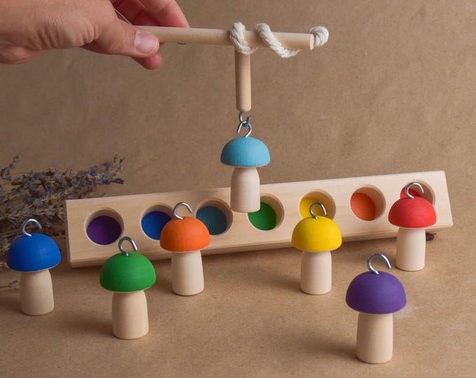 Wooden Balance Color Sorting Toy Mushrooms on Fishing Rod Montessori ...