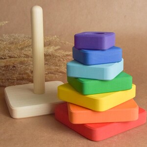 Wooden Rings Stacker Toy Square Rainbow Montessori Materials ...