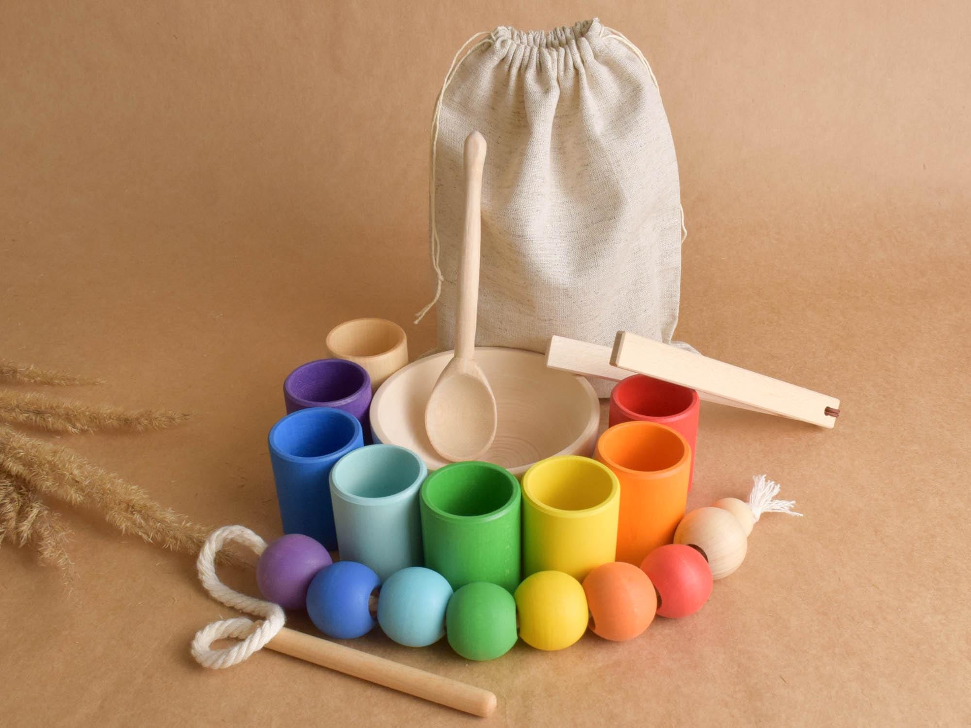 Color Sorting Wooden Rainbow Toy Cups and Balls Montessori Materials ...