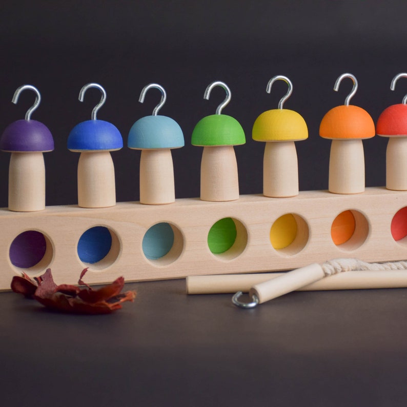 Color Sorting Wooden Rainbow Toy Mushrooms on a Fishing Rod - Etsy