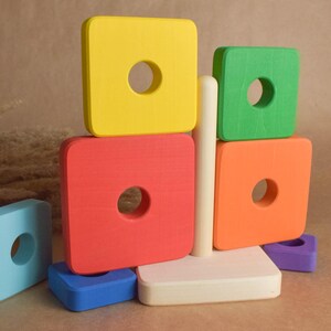 Wooden Rings Stacker Toy Square Rainbow Montessori Materials ...