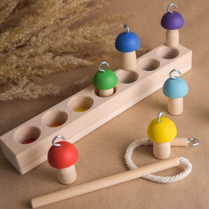 Color Sorting, Wooden Rainbow Toy Mushrooms on a Fishing Rod, Rainbow ...
