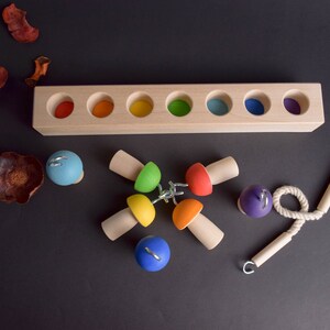 Color Sorting Wooden Rainbow Toy Mushrooms on a Fishing Rod - Etsy