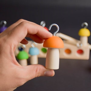 Color Sorting Wooden Rainbow Toy Mushrooms on a Fishing Rod - Etsy