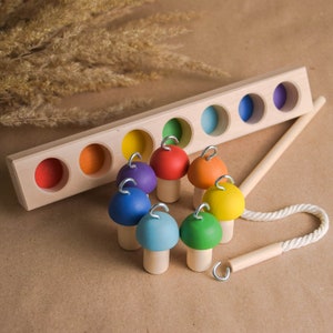 Color Sorting, Wooden Rainbow Toy Mushrooms on a Fishing Rod, Rainbow ...
